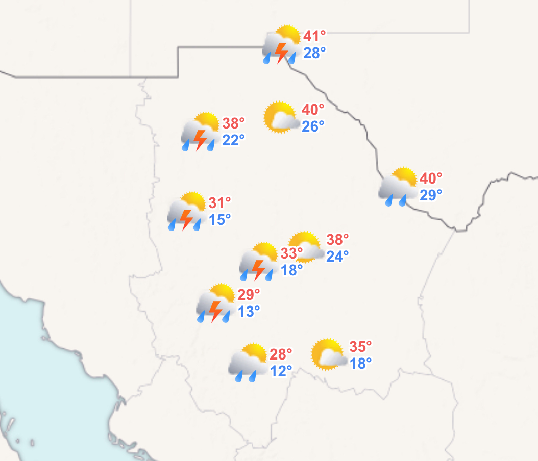 Prevén miércoles caluroso y con lluvias en la región serrana; máxima será de 38°C en Chihuahua ...
